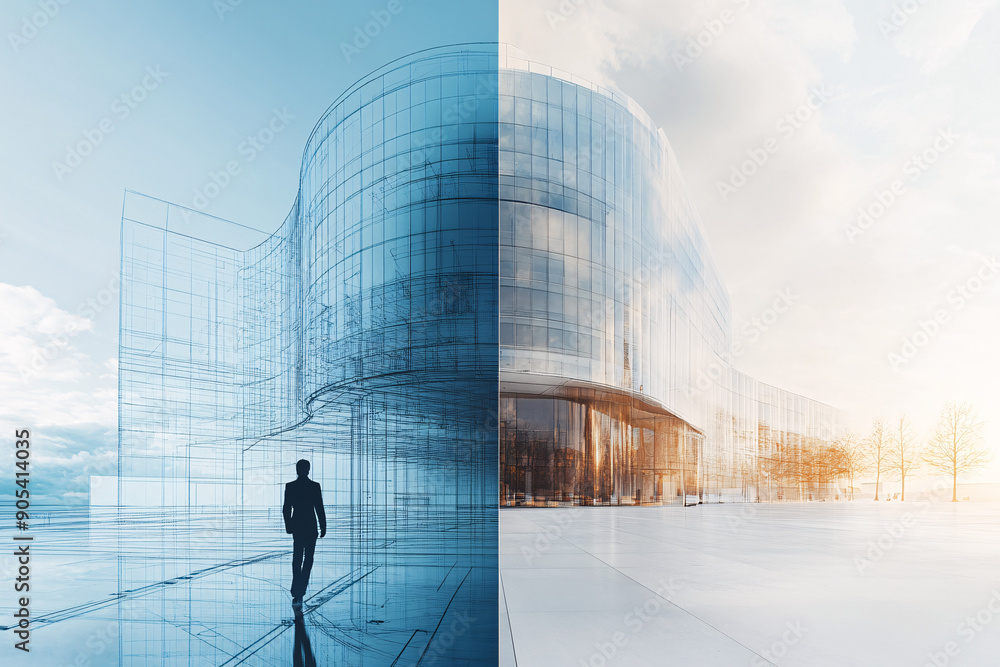 Modern architectural design blending real-life glass building with ...