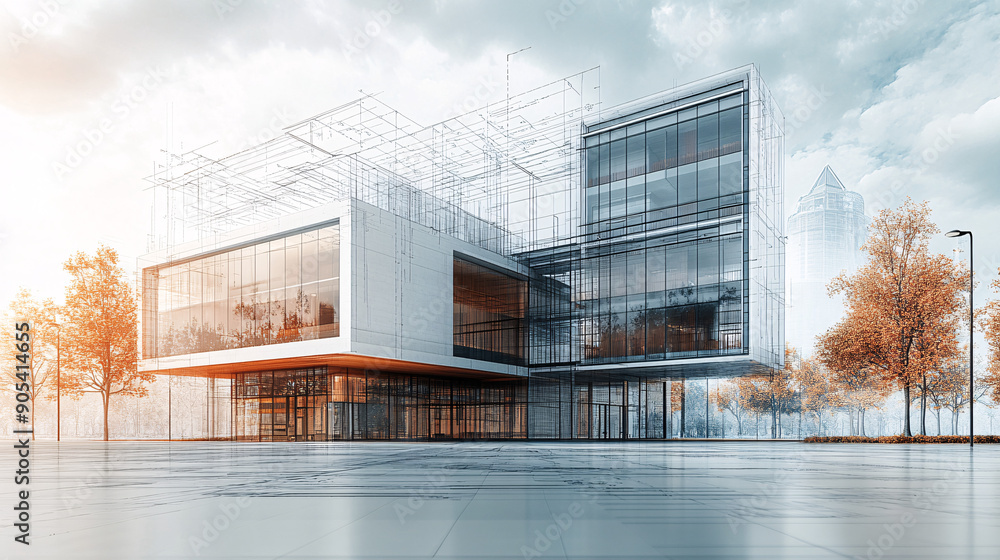 Modern architectural design blending real-life glass building with ...