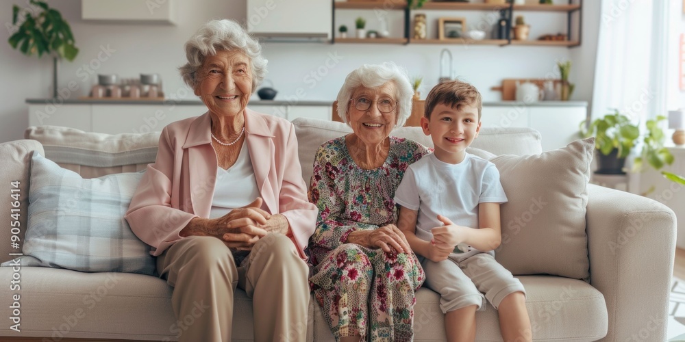 Three generations of family members smiling together on a cozy sofa in ...