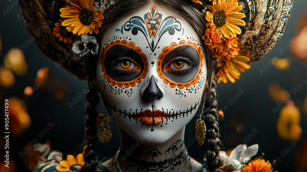 Striking Female Portrait of Dia de los Muertos La Catrina with Elegant ...