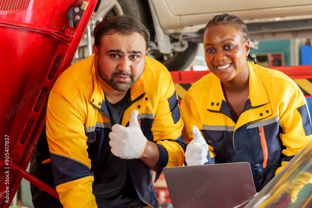 Male and female mechanics smiling and giving thumbs up while working on ...