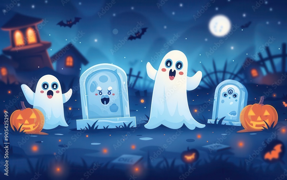 Cartoon graveyard with funny tombstones and ghosts, halloween ...