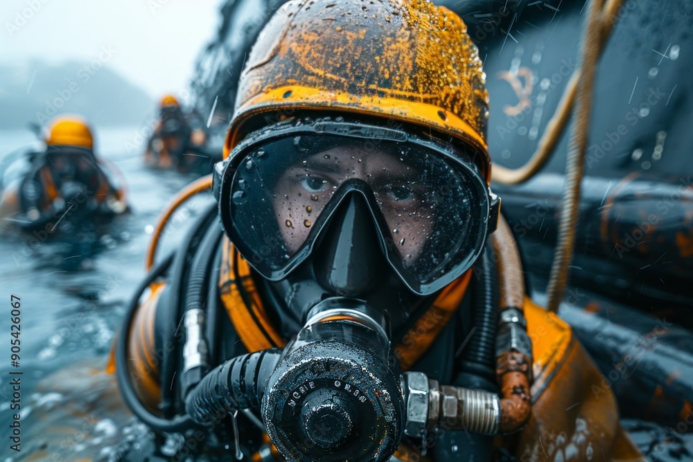Divers in full gear underwater, connecting pipes to the vessel in a ...