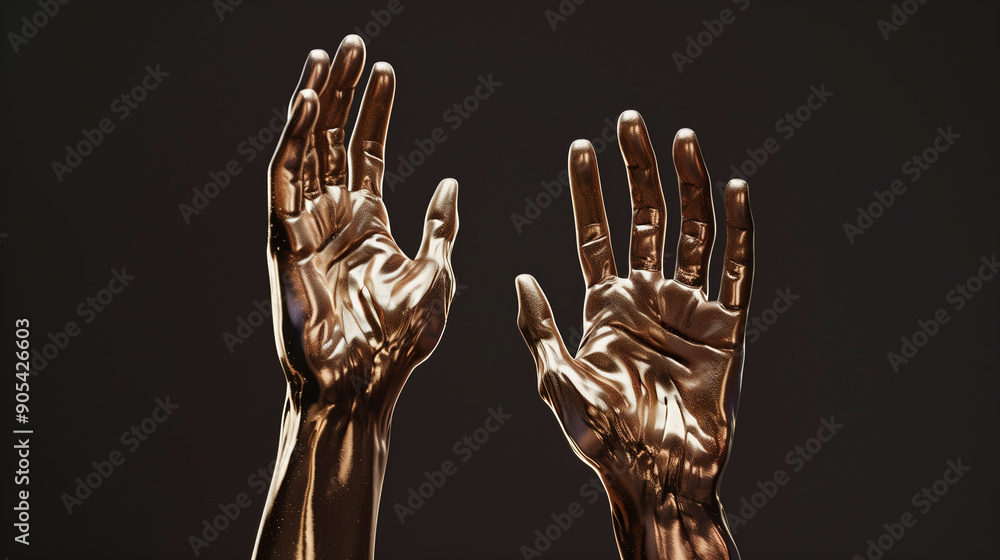 Two hands made of gold are shown in a close up. The hands are clasped ...