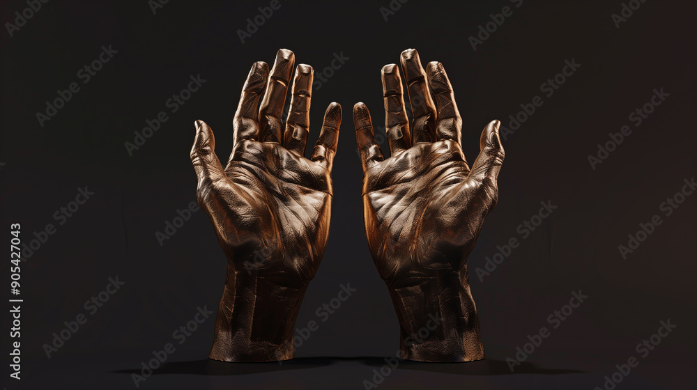 Two hands made of gold are shown in a close up. The hands are clasped ...