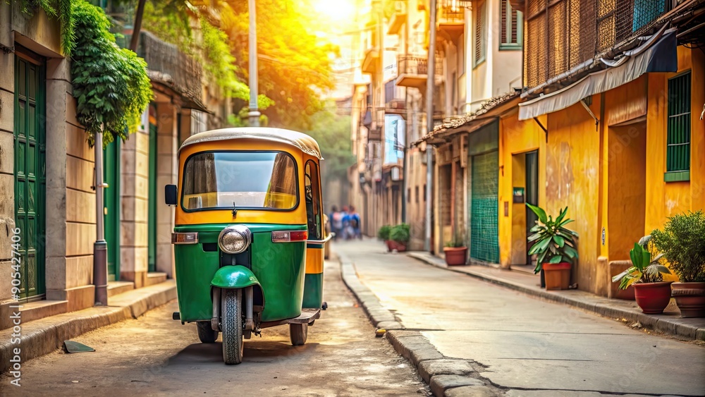 Auto rickshaw vehicle parked on street in Asian city, tuk-tuk ...
