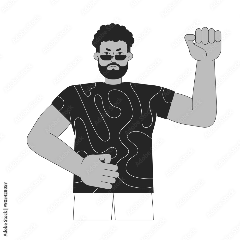 Fist raised african american male activist black and white 2D line cartoon character. Black man ...