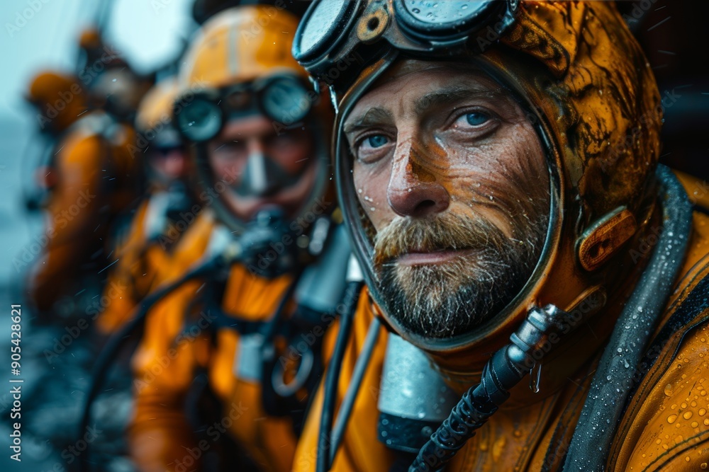Industrial divers in full gear on ship preparing to enter water for ...