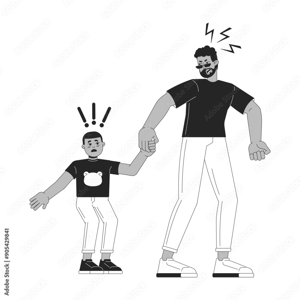Yelling father with stressed kid black and white 2D line cartoon ...
