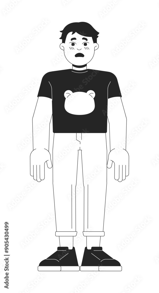 Scared little boy black and white 2D line cartoon character. Frightened ...