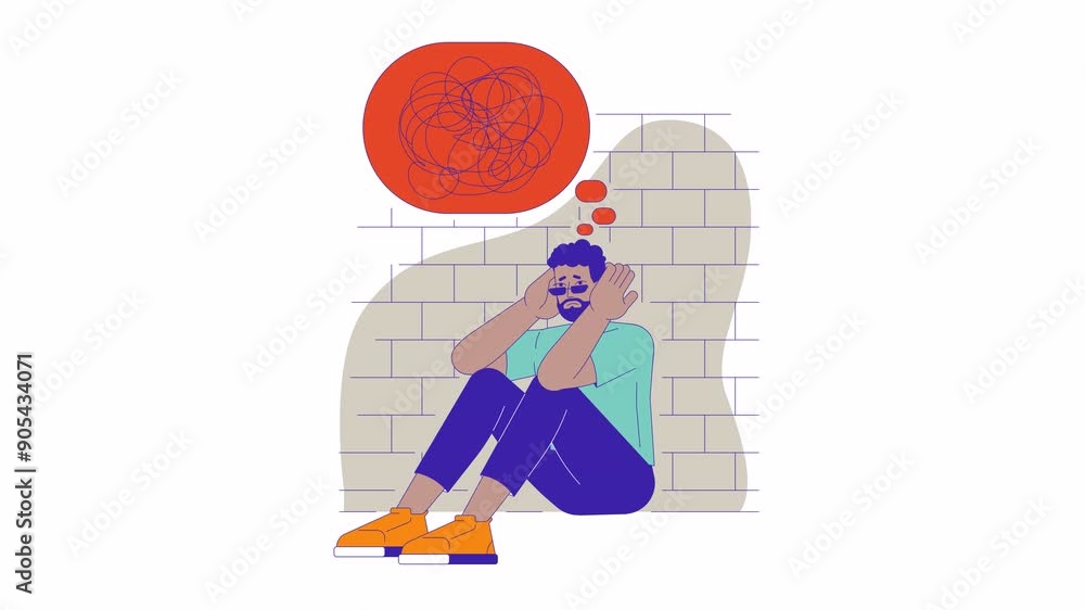 Mental health crisis line 2D animation. Black man holding head burnout ...