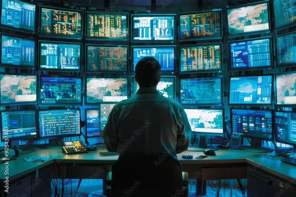 Cybersecurity expert monitoring a bank security systems in a high-tech control room, with ...