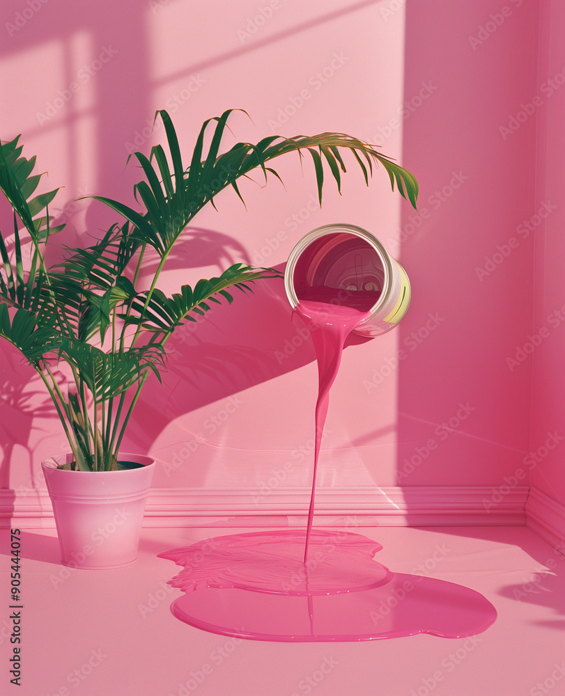 A pink paint can pouring onto the floor of a pink interior room, with ...