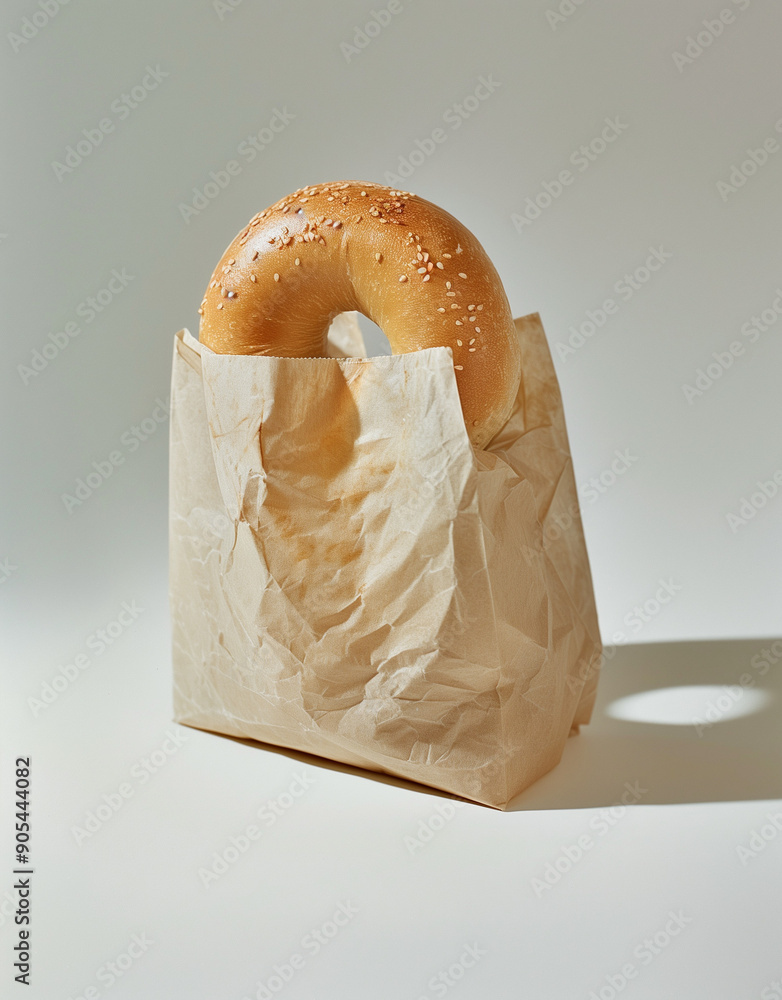 A bagel in a paper bag, showcased in a flat lay with ample copy space ...