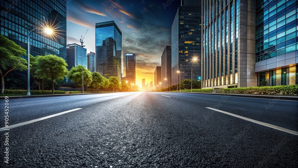 Black asphalt road with an empty dark street scene captured from a low ...