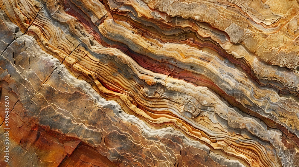 Textured sedimentary rock layers. Close-up view of colorful stratified ...