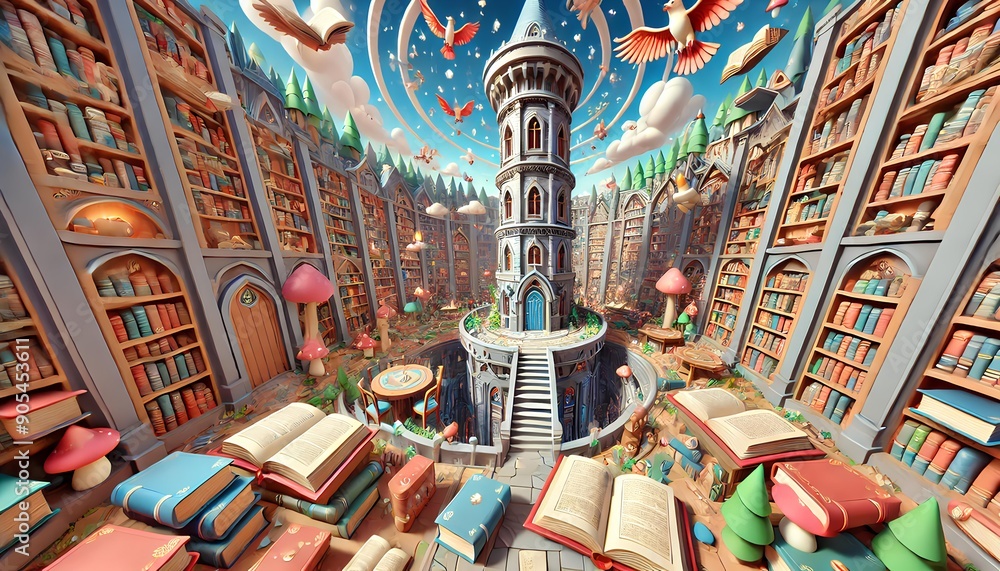 A 3D cartoon of a tall tower with flying books and scrolls, secret ...