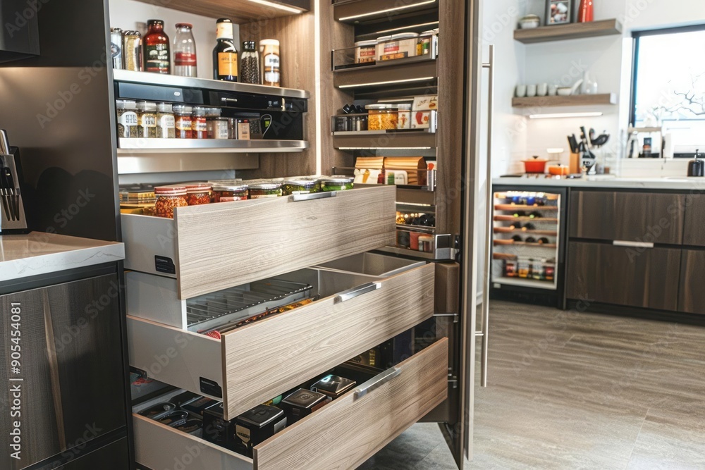 A modern kitchen with a sleek pantry system featuring pull out drawers ...