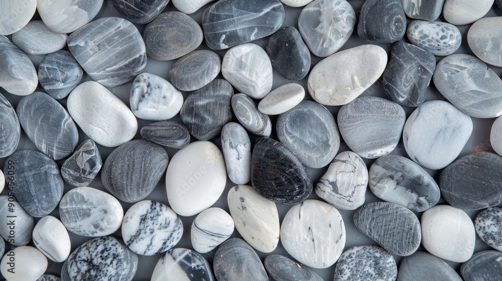 Smooth gray and white pebbles. A close-up photo of a collection of ...