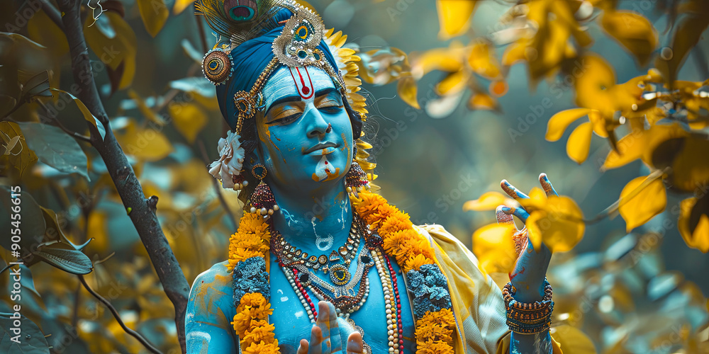 Blue color body paint man with yellow flower in hand hindu god shree ...