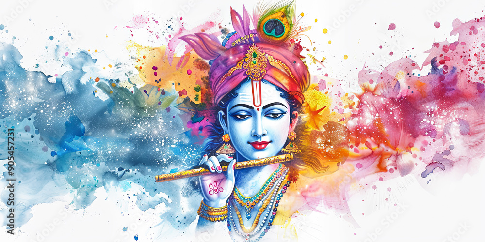 Lord Krishna watercolor painting Hindu god religion spirituality ...