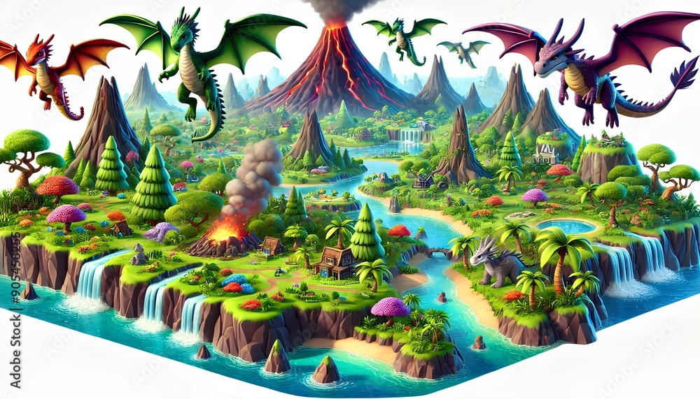 A 3D cartoon of Dragon Island with various species of dragons ...