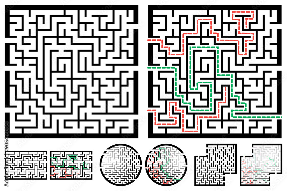 Set of labyrinths, mazes conundrums for kids. Baby puzzles with entry ...