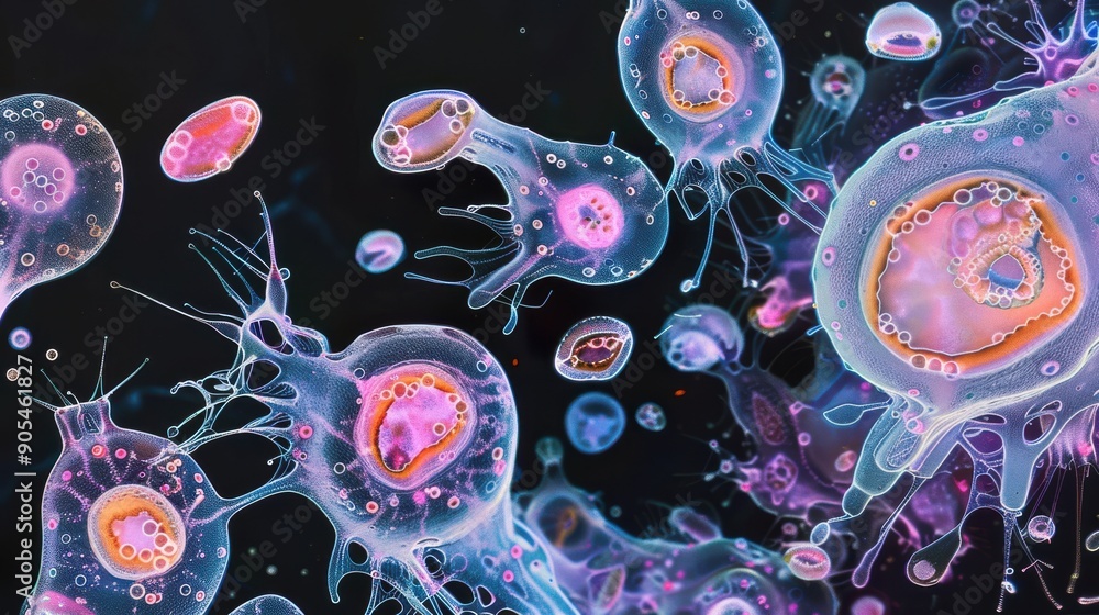 Illustrate a microscopic view of amoeba in various stages of movement ...