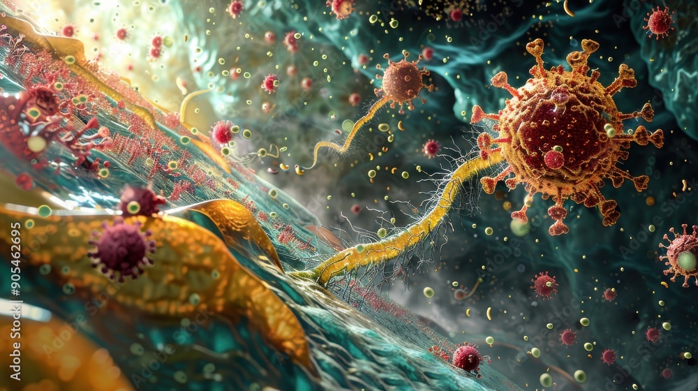 Illustrate viruses infecting a host cell, capturing the interaction and ...