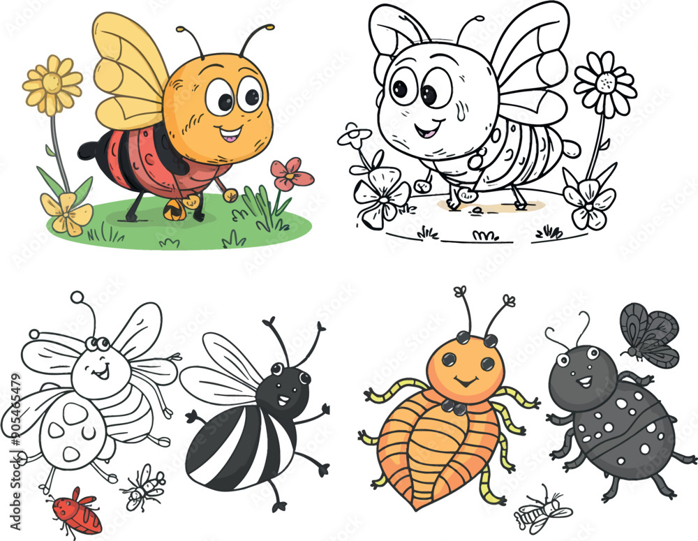 Drawing insects with cartoon characters. Kids can color cute bugs ...