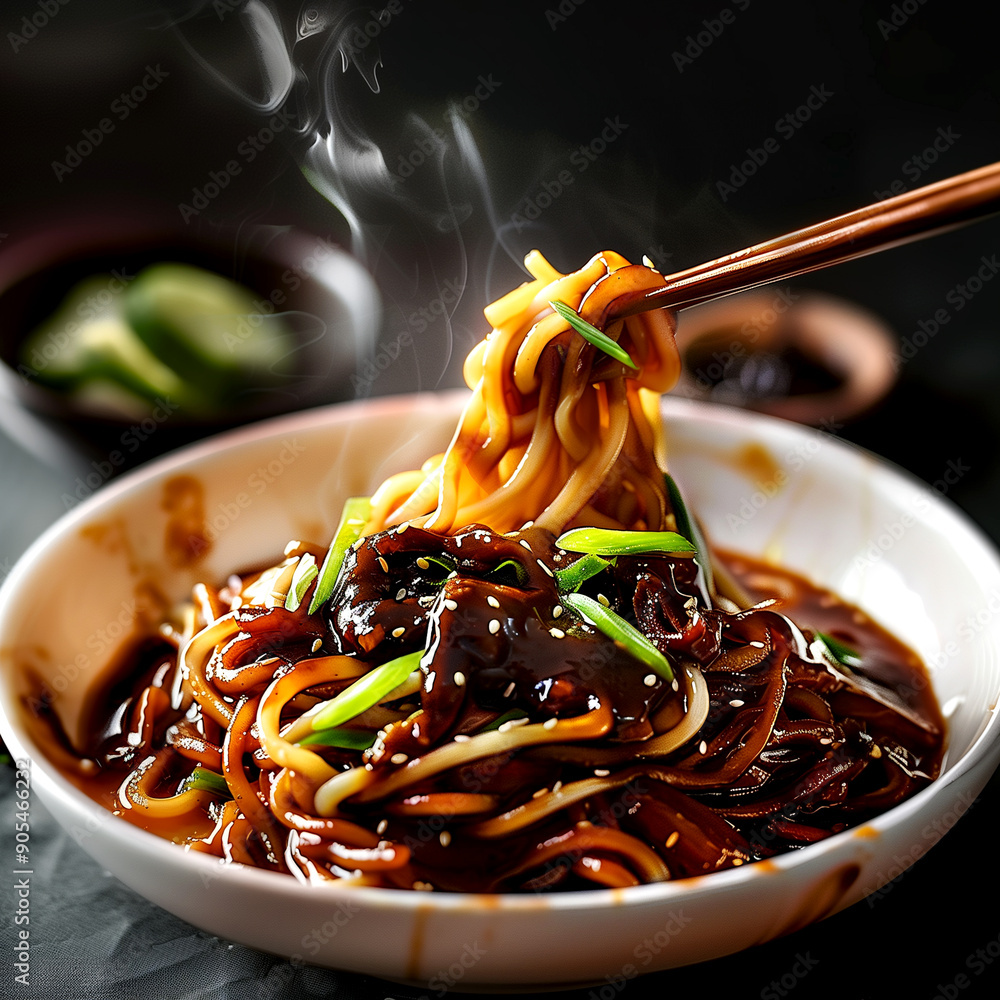 Jajangmyeon noodles, Spicy korean noodles (Jajangmyeon) in hot bowl ...