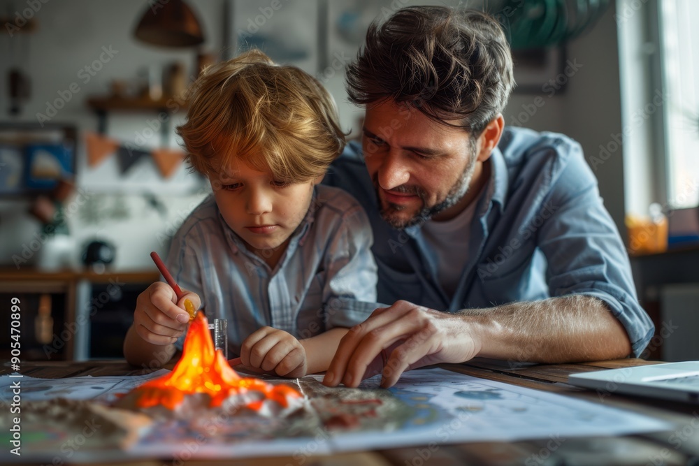 Dad helping his son with a school science project, building a volcano ...