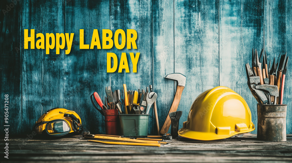text "Happy LABOR DAY", banner with hard hat, construction helmet and ...