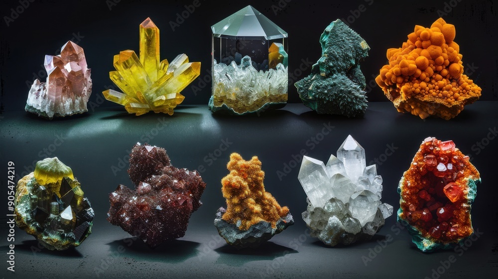 An illustration of various minerals in crystalline form, highlighting ...