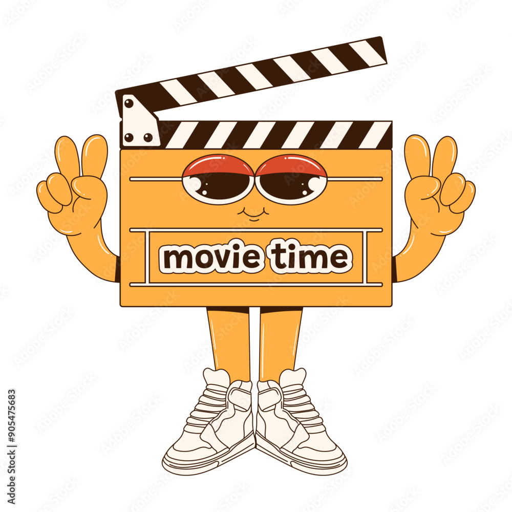 Character in the form of a clapperboard for filming in a groovy style ...