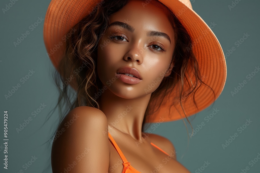 Woman in Orange Bikini with Hat. A mesmerizing woman in an orange bikini and matching hat poses ...