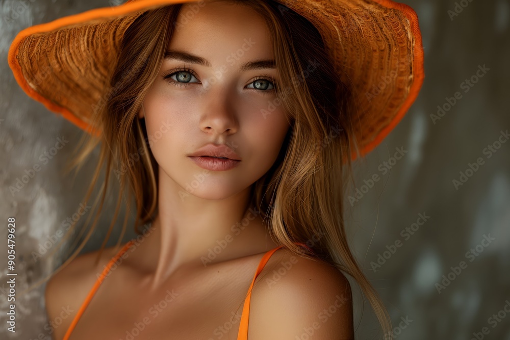Woman in Orange Bikini with Hat, Close-up. A captivating close-up of a woman in an orange bikini ...