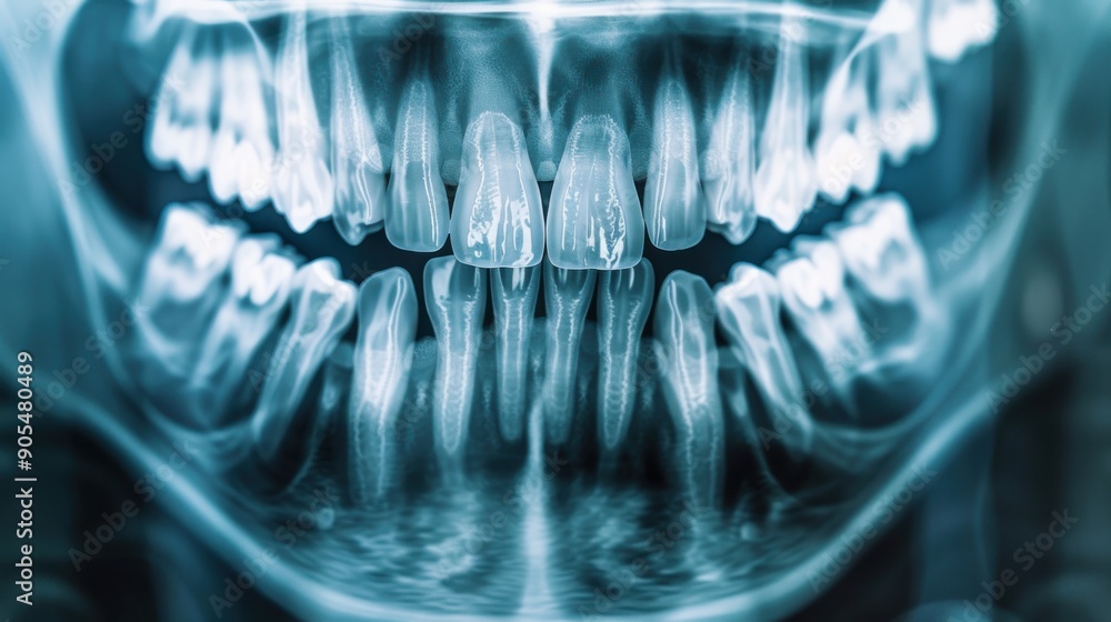 A detailed dental radiography image showing a full set of teeth and jaw ...