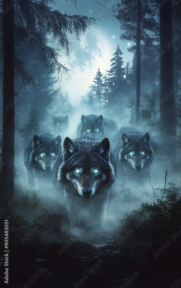 Pack of wolves with glowing eyes hunting in misty moonlit forest, eerie ...