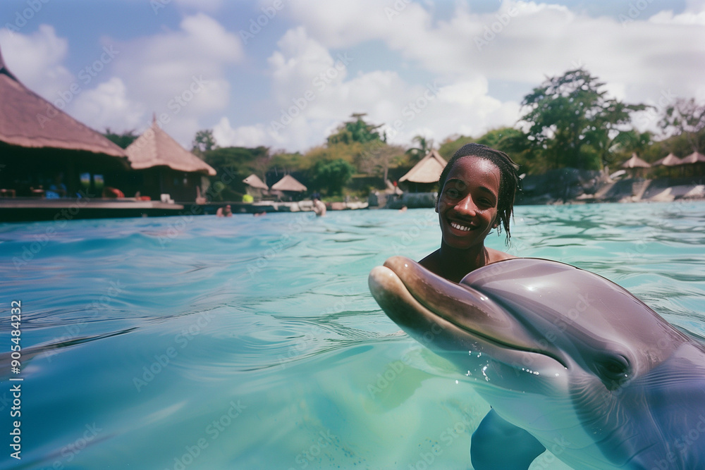 Dolphin in water. Black woman petting stroking a dolphin on a hot ...