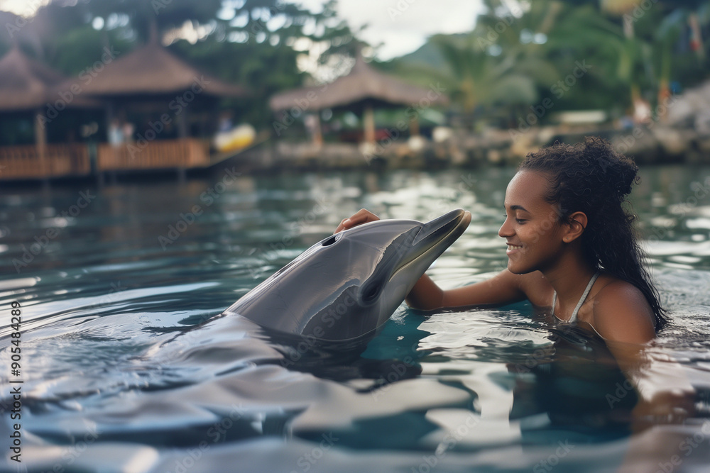 Dolphin in water. Black woman petting stroking a dolphin on a hot ...