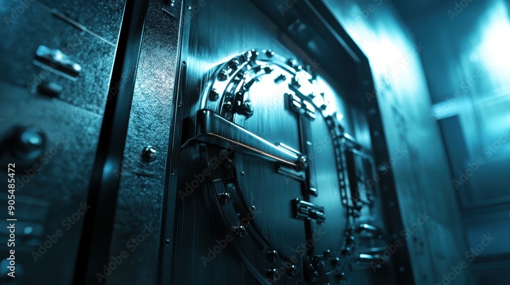 Secure vault door with a complex locking mechanism, featuring a handle ...