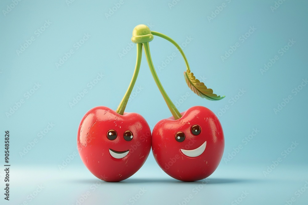 Smiling cherry cartoon character in 3D style, with a pair of red ...