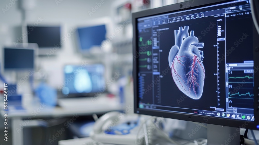 A cardiologist's office with detailed echocardiogram images on a ...