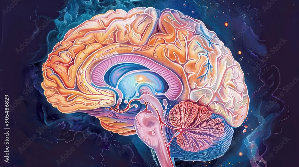 A detailed illustration of a brain with highlighted regions indicating ...