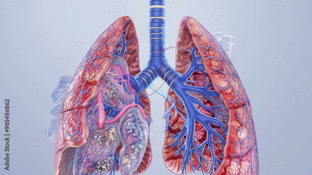 A detailed illustration of the respiratory system, showing the lungs ...