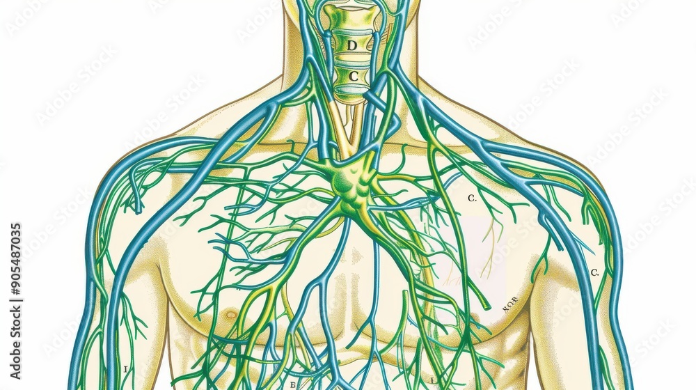 A detailed illustration of the lymphatic drainage system, showing the ...