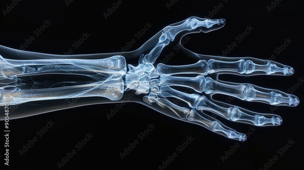 A high-definition X-ray of a human hand, showing the intricate details ...