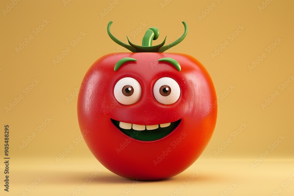 Smiling tomato cartoon character in 3D style, with a bright red color ...