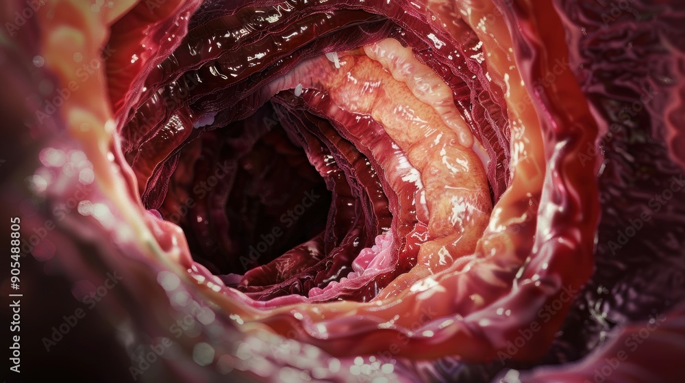 An endoscopy image showing the inner lining of the small intestine ...